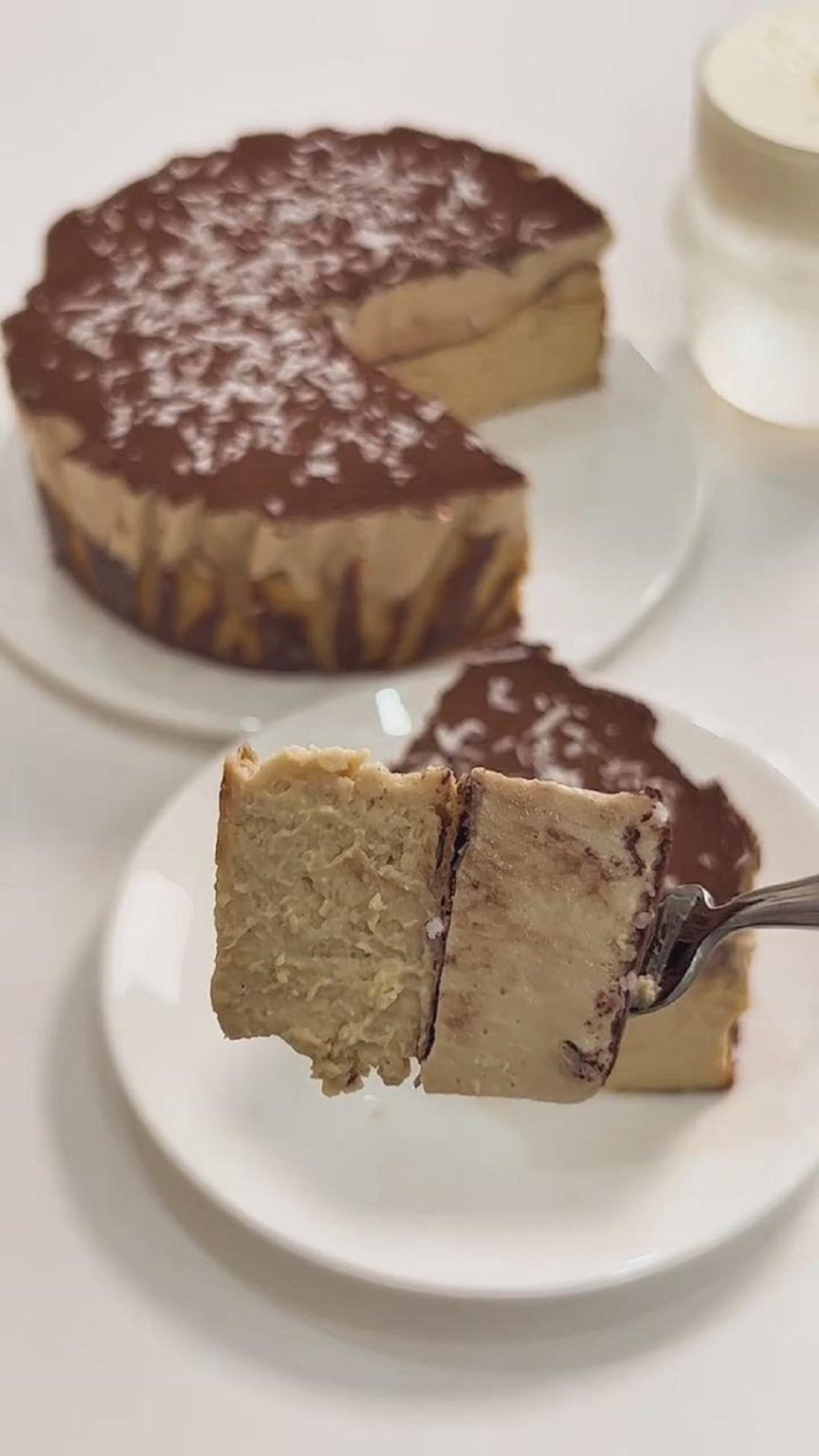 Coffee Basque Cheesecake with Silky Coconut Topping - Cooking With Chun